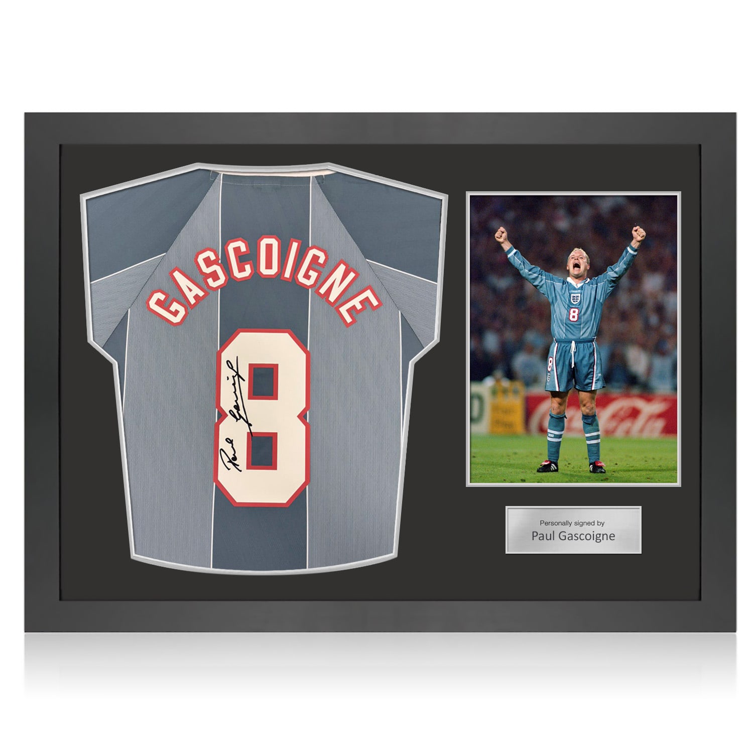Paul Gascoigne Signed England 1996 Away Football Shirt. Icon Frame