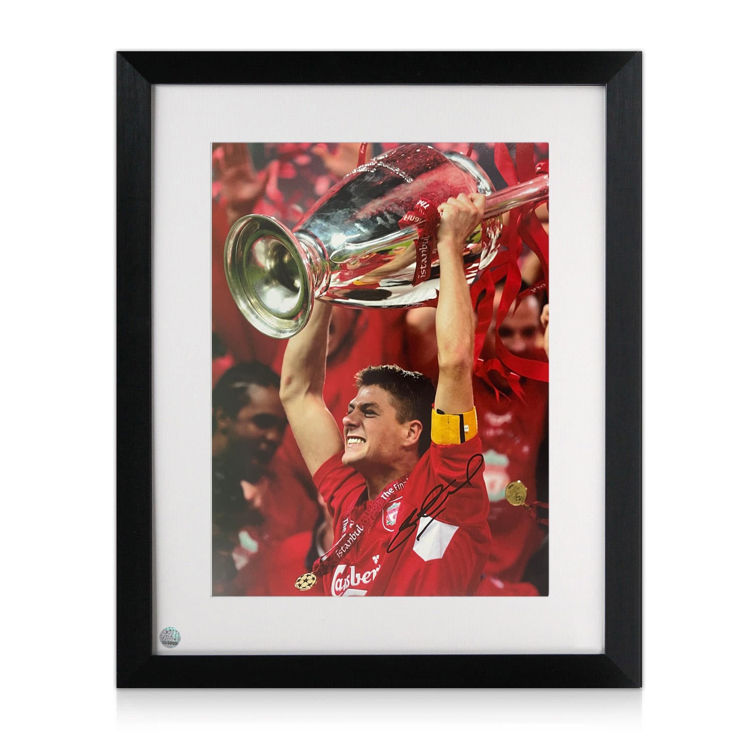 Steven Gerrard Signed Liverpool Football Photo: UCL Trophy Lift. Framed